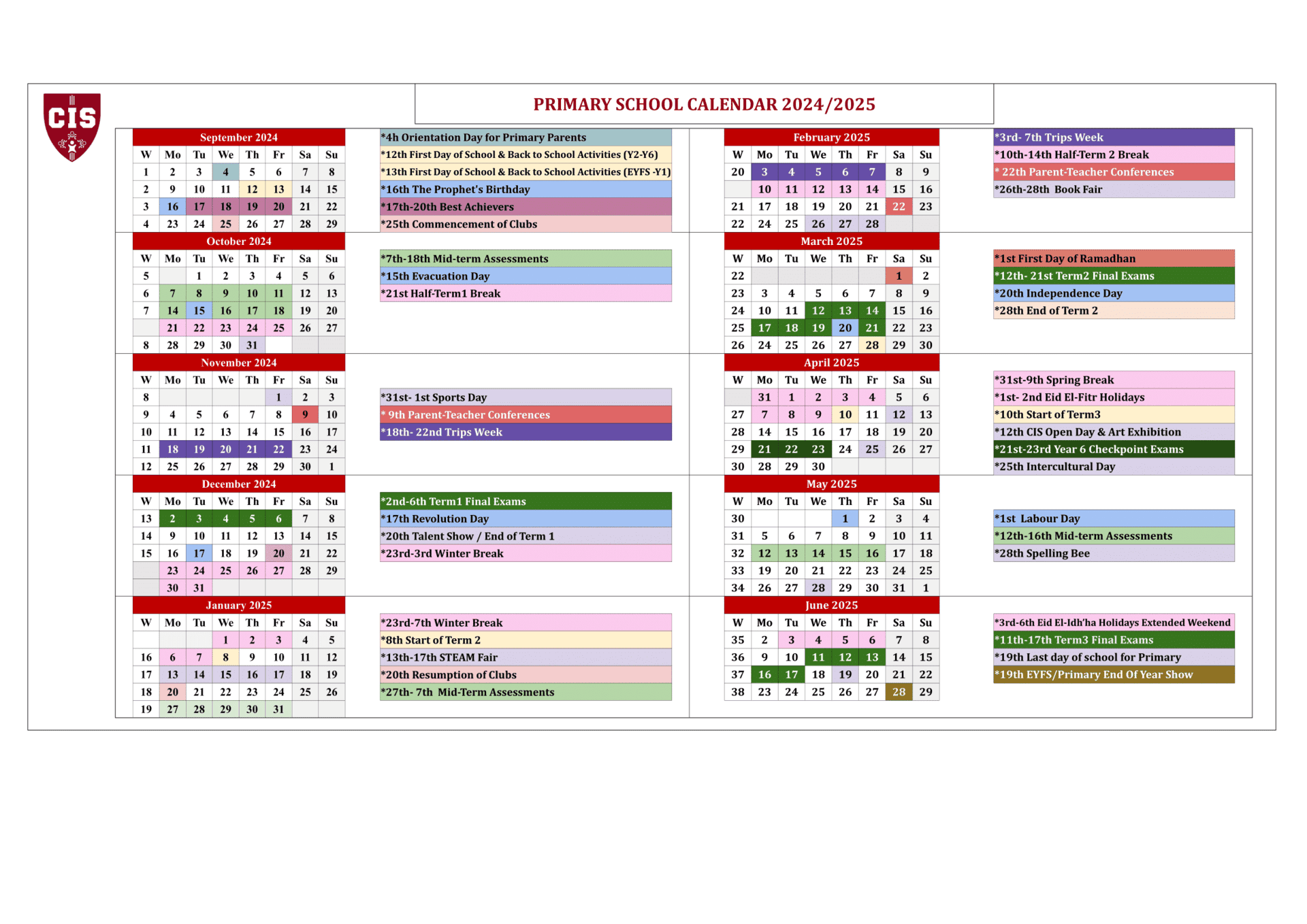 Academic Calendars 2024/2025 - CIS Tunis